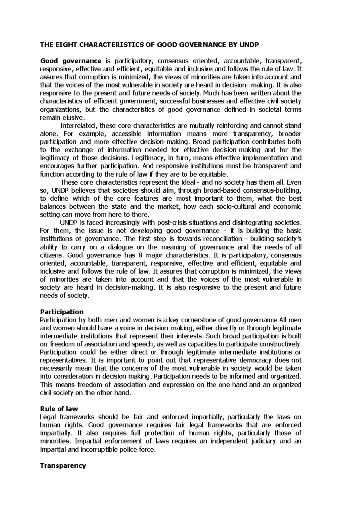 UNDP: 8 Essential Characteristics of Good Governance Explained - Studocu