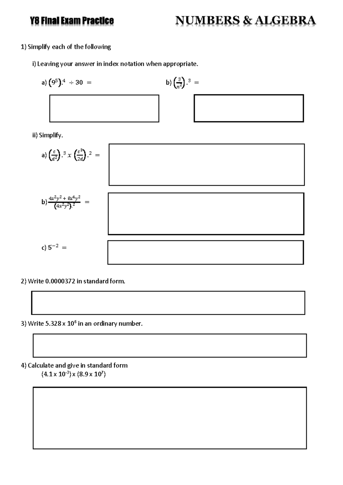 Y8 Final TEST Practice: Simplifying Numbers & Algebra Concepts - Studocu