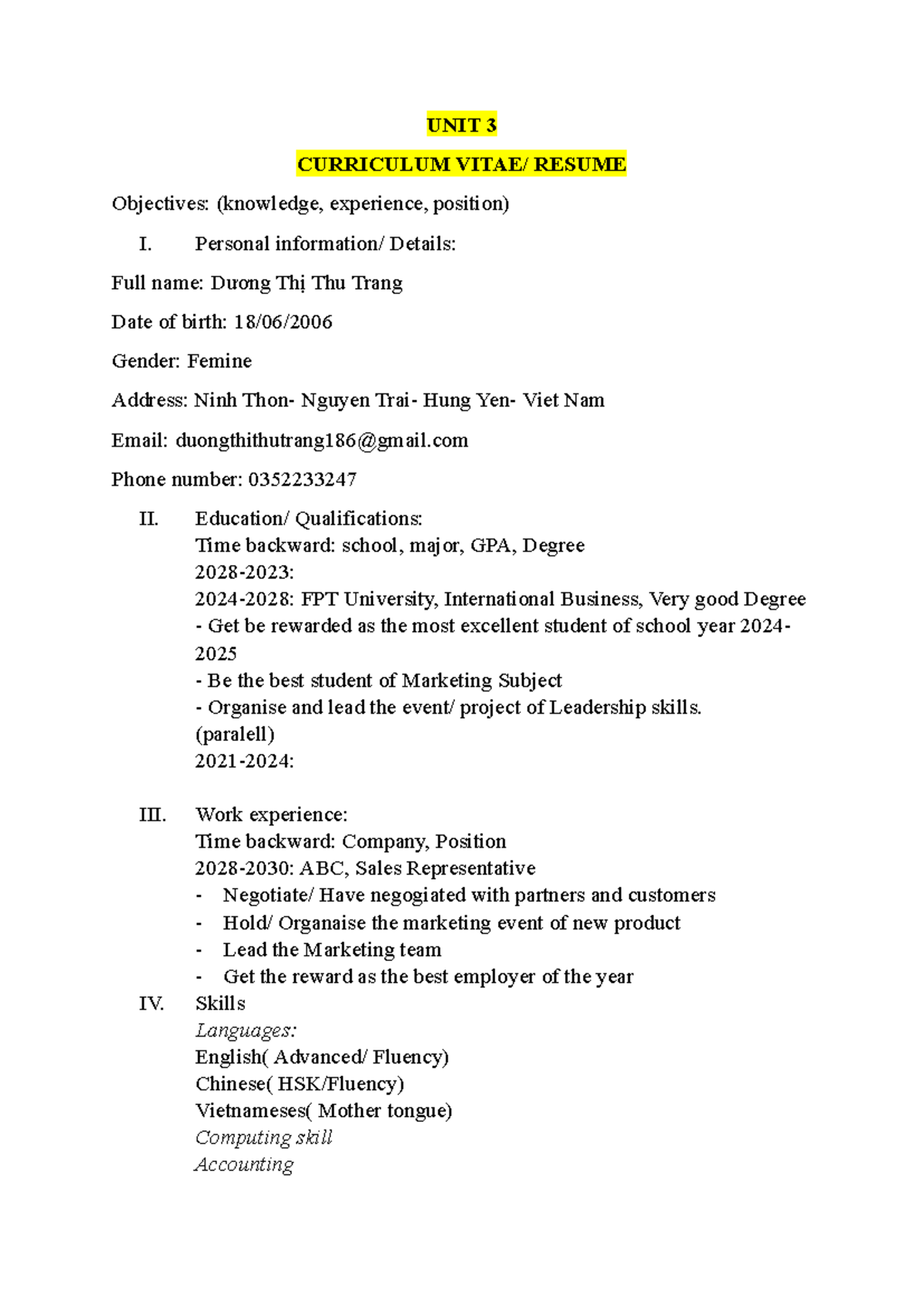 ENM301 - Unit 3 Curriculum Resume and Job Interview Preparation - Studocu