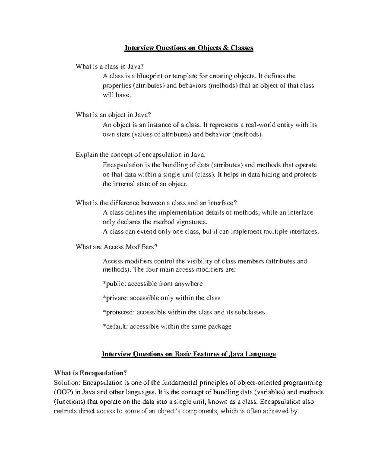 OOPS in Java: Comprehensive Interview Questions & Answers - Studocu