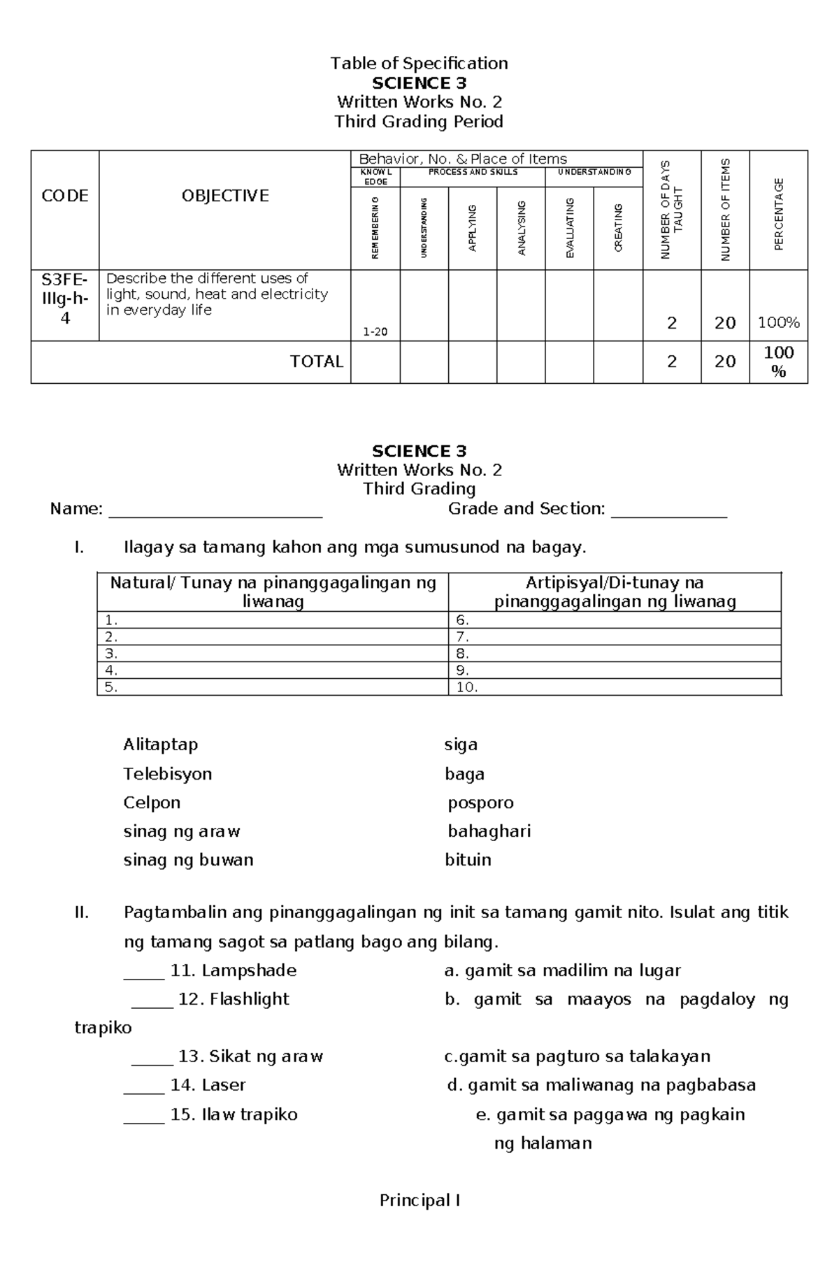Summative Assessment for Science 3: Written Works No. 2 Details - Studocu