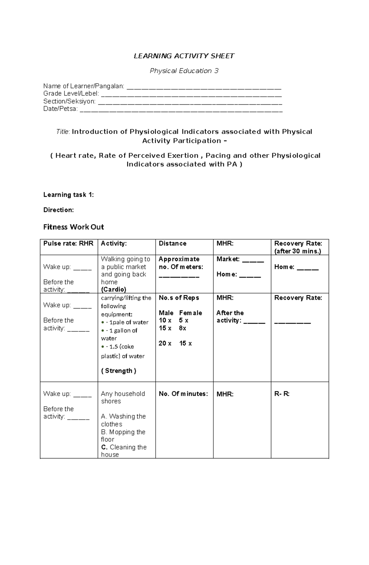 Learning Activity Sheet on Physiological Indicators in PE 3 - Studocu