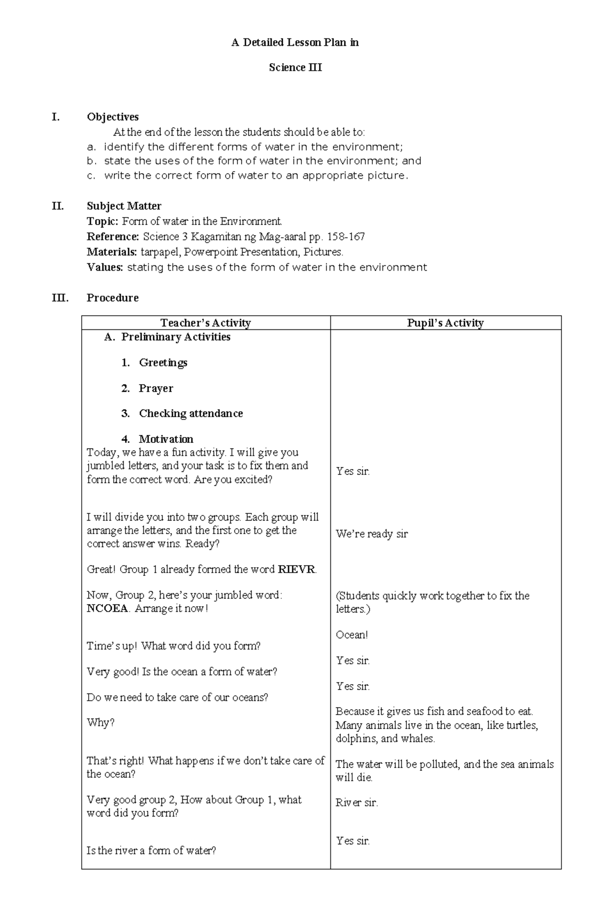 Science I Lesson Plan: Understanding Forms of Water in the Environment ...