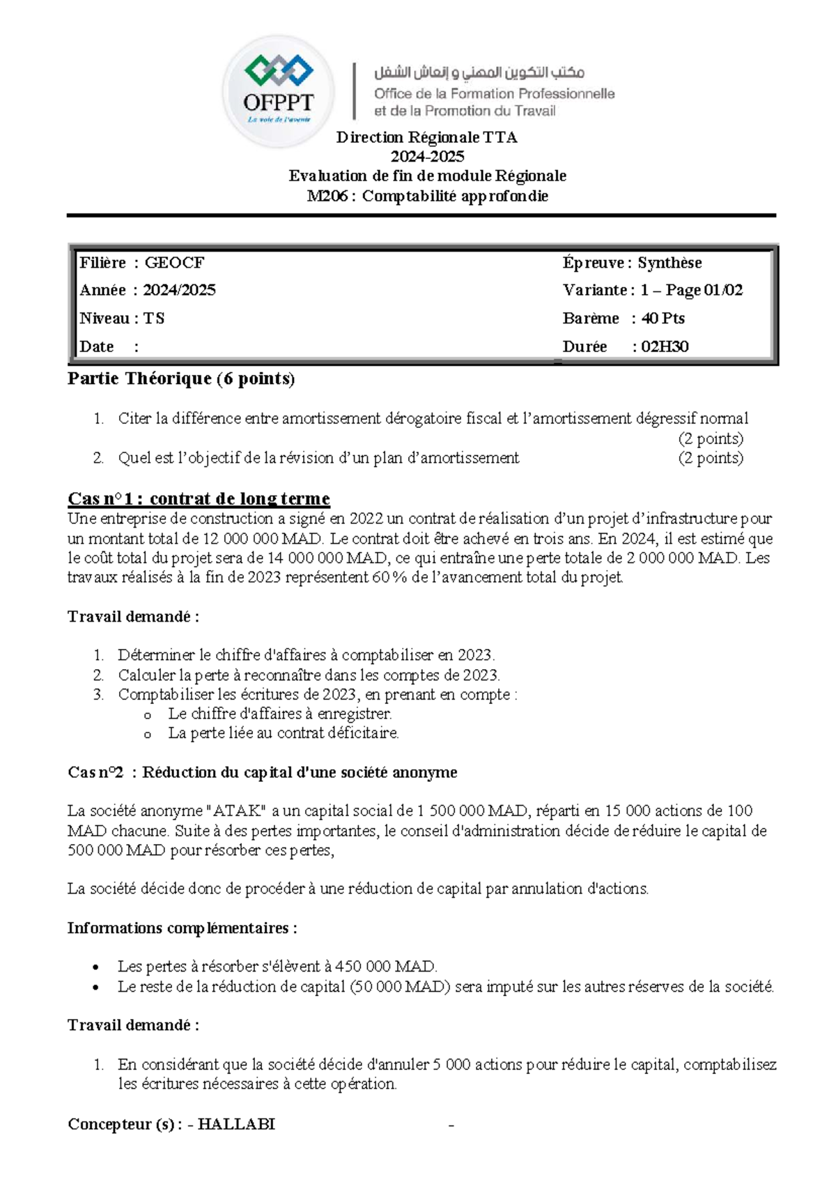 Évaluation de Fin de Module M206 : Comptabilité Approfondie V1-2024 ...