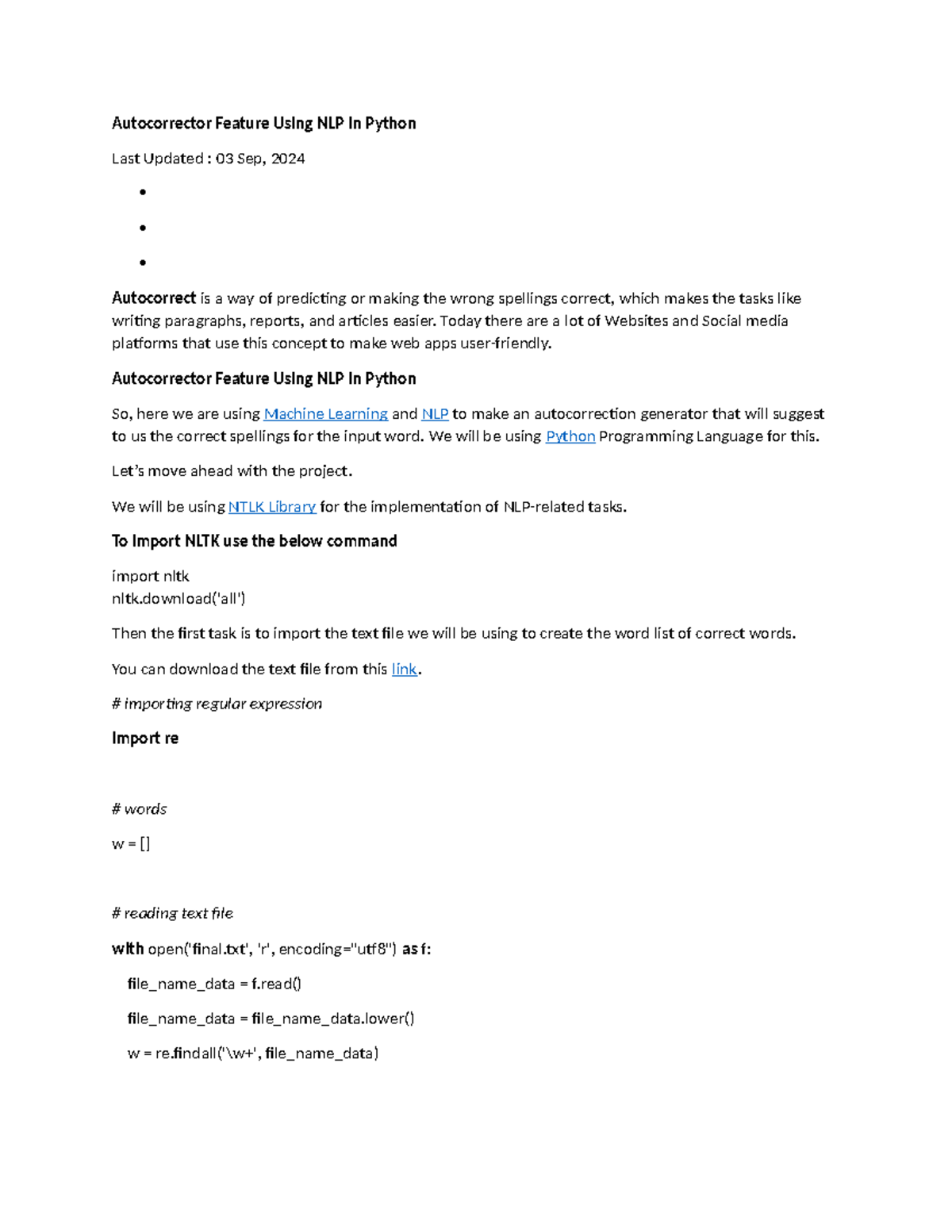 Autocorrector Feature Implementation Using NLP in Python - Studocu
