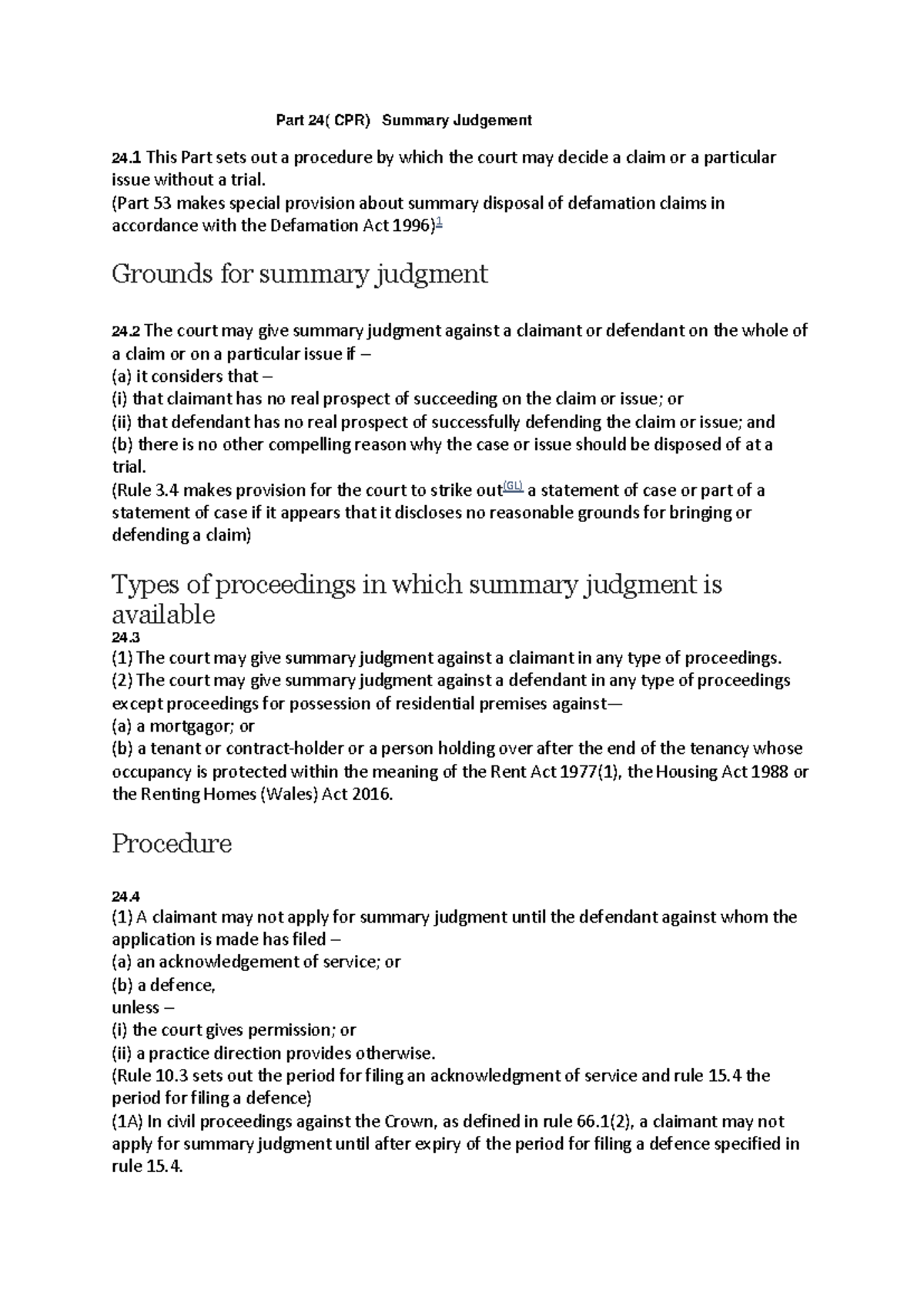 Summary Judgment Process Under CPR 24: Key Guidelines and Procedures - Studocu