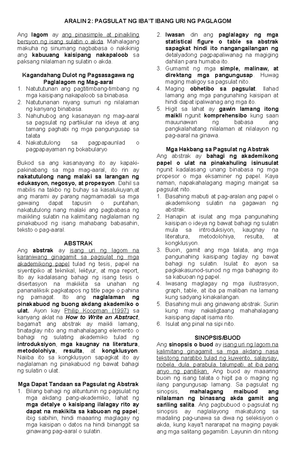 Aralin 2 - Pagsulat ng Iba’t Ibang Uri ng Paglagom at Abstrak - Studocu