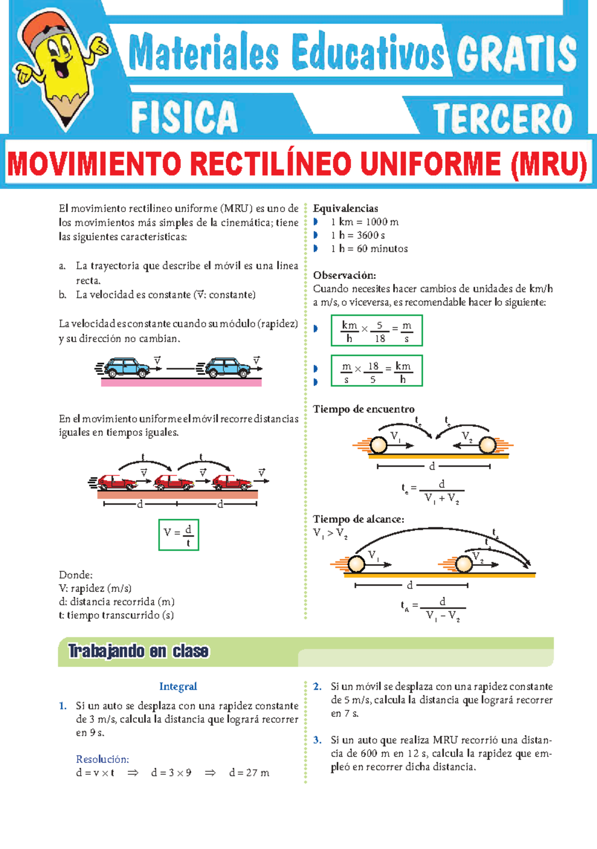 Ejercicios de MRU para Primer Grado de Secundaria - UNI - Studocu