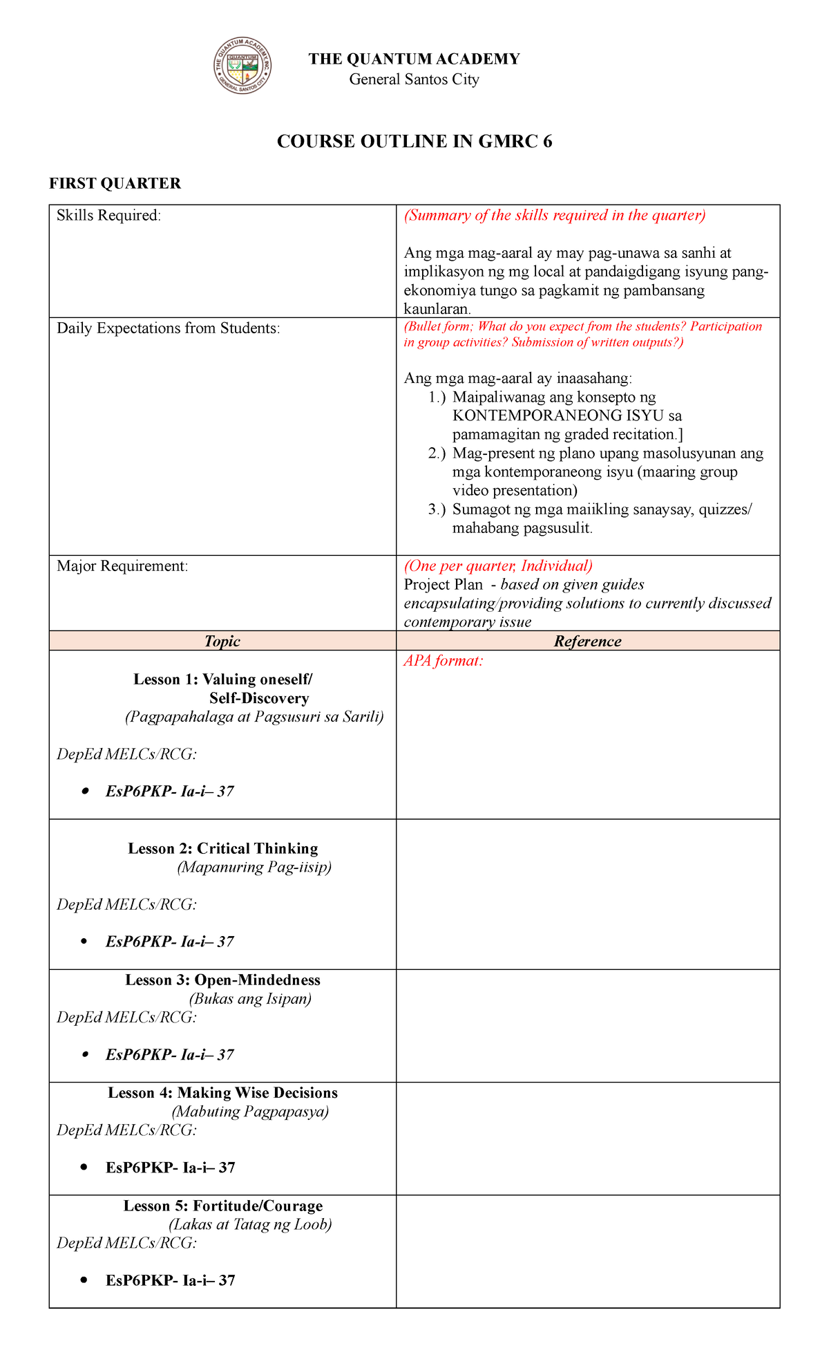 GMRC 6 Course Outline for Values Education SY24-25 - Studocu