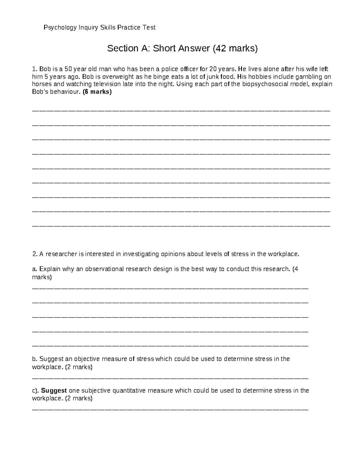 Psychology Inquiry Skills Practice Test: Short Answer & Extended ...