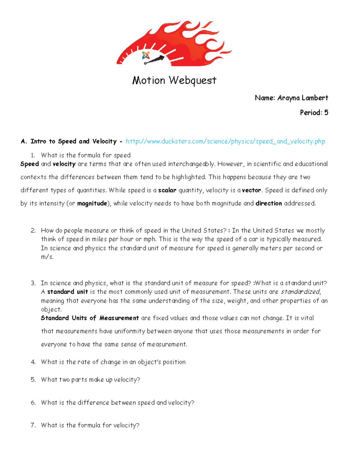 me Motion Webquest ( Updated) - Motion Webquest Name: Arayna Lambert ...