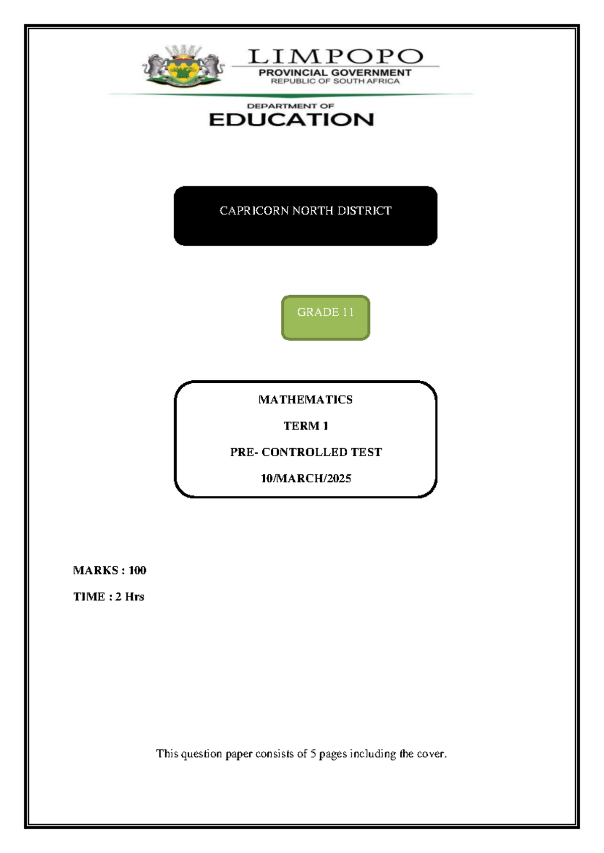 CAPRICORN NORTH GRADE 11 MATH TERM 1 CONTROLLED TEST 2025 - Studocu