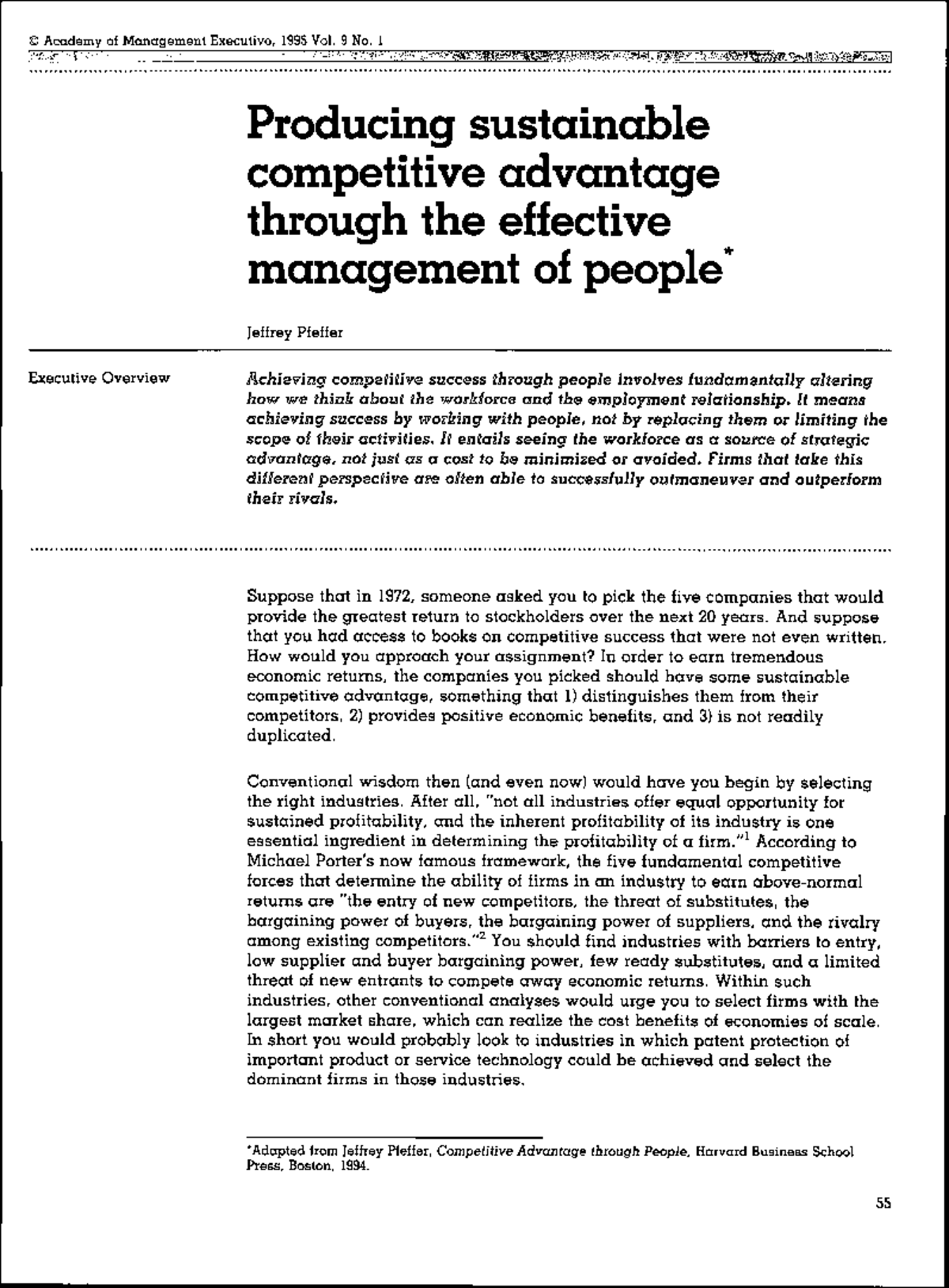 Pfeffer 1995: Sustainable Competitive Advantage via Effective People ...