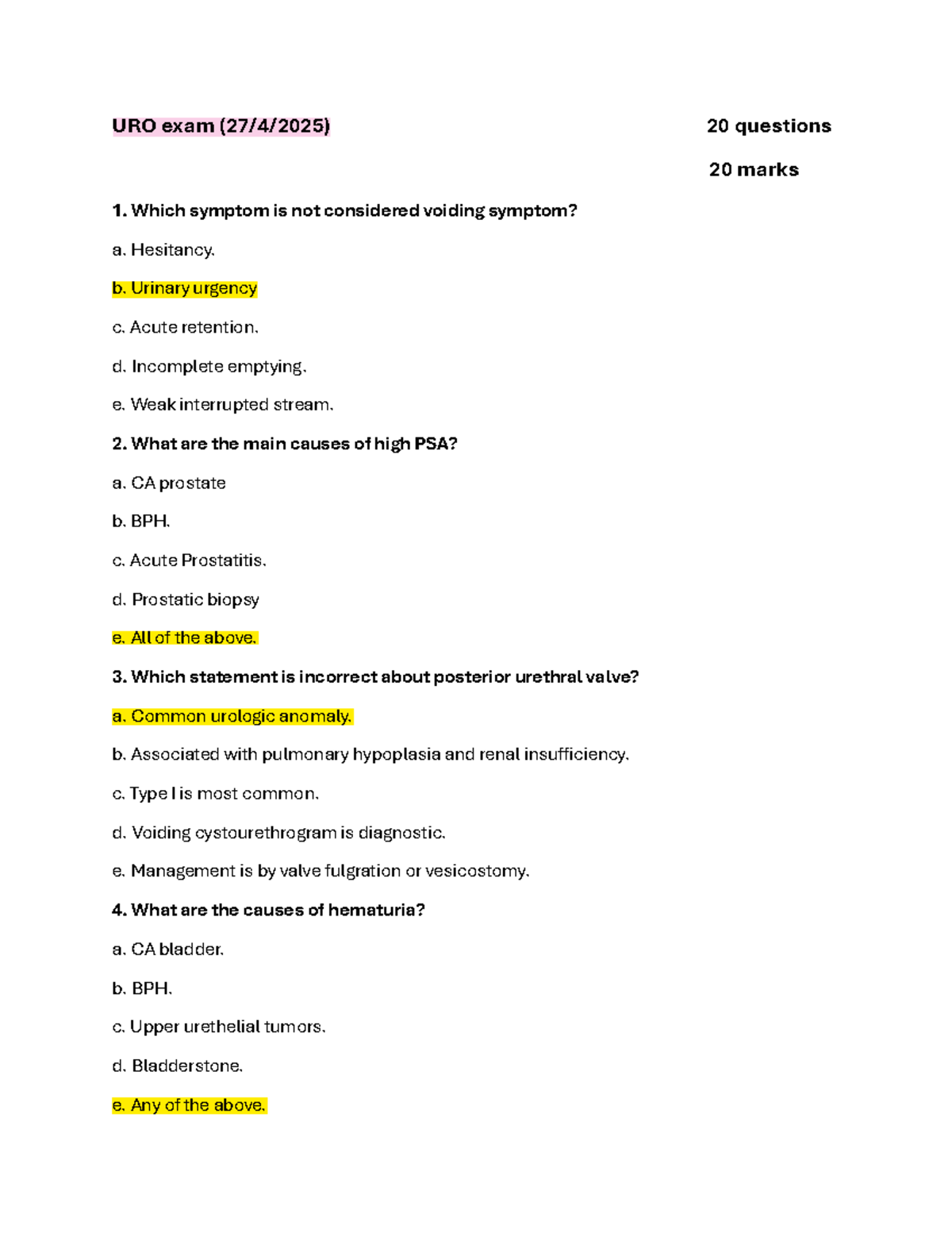 URO 20 Qs Exam Review - Key Concepts & Management Strategies - Studocu
