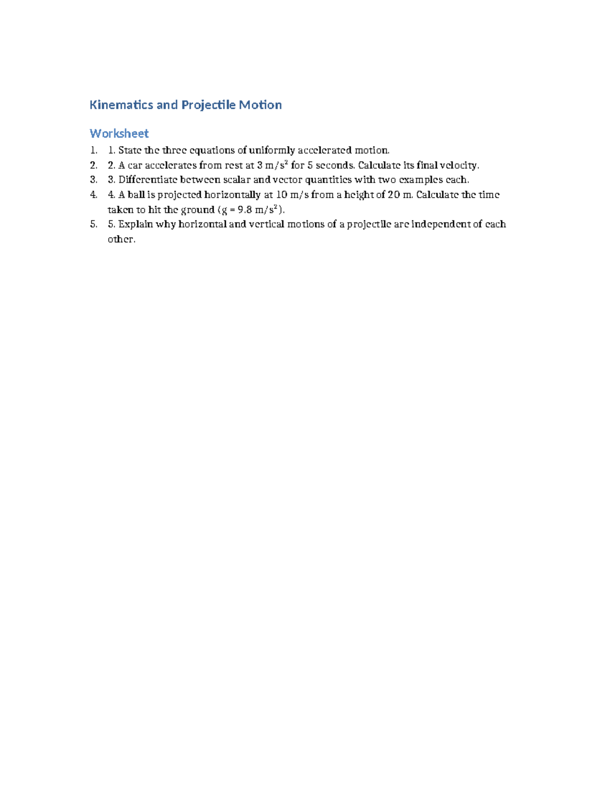 Kinematics and Projectile Motion Worksheet (Physics) - Studocu