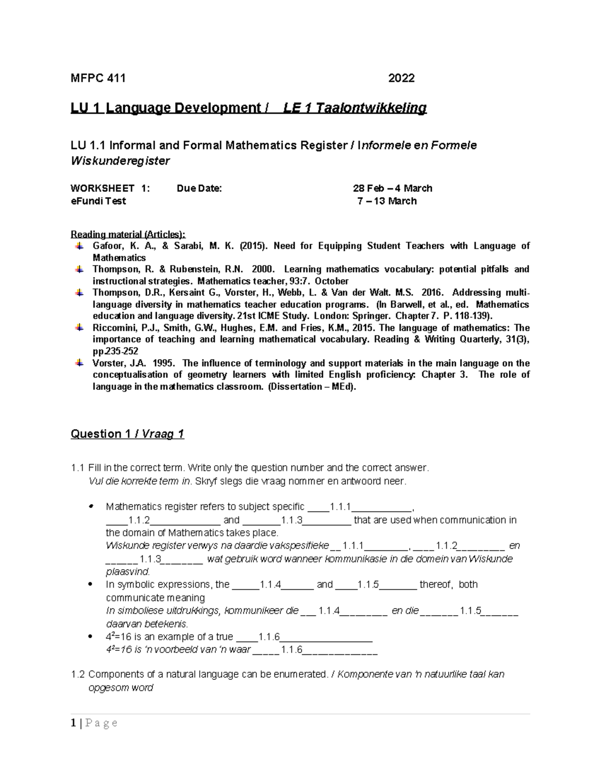 2022 MFPC 411 - Language Development Worksheets & Test Review - Studocu