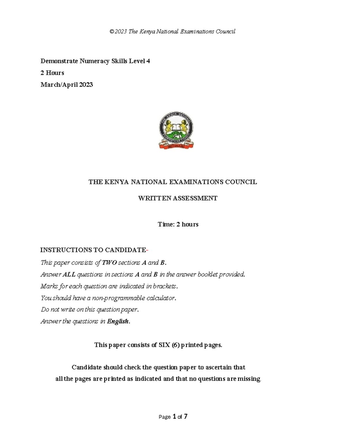 Numeracy Skills Assessment Level 4 - March/April 2023 - Studocu