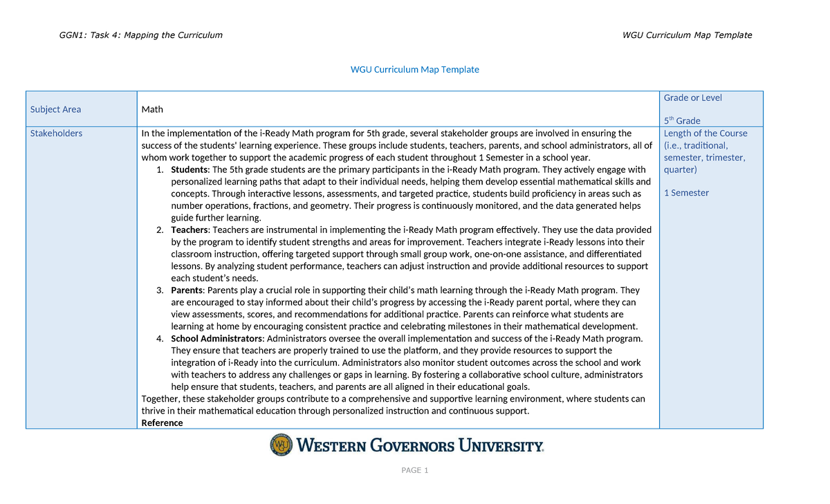 GGN1: Task 4 - 5th Grade Math Curriculum Mapping WGU Template - Studocu