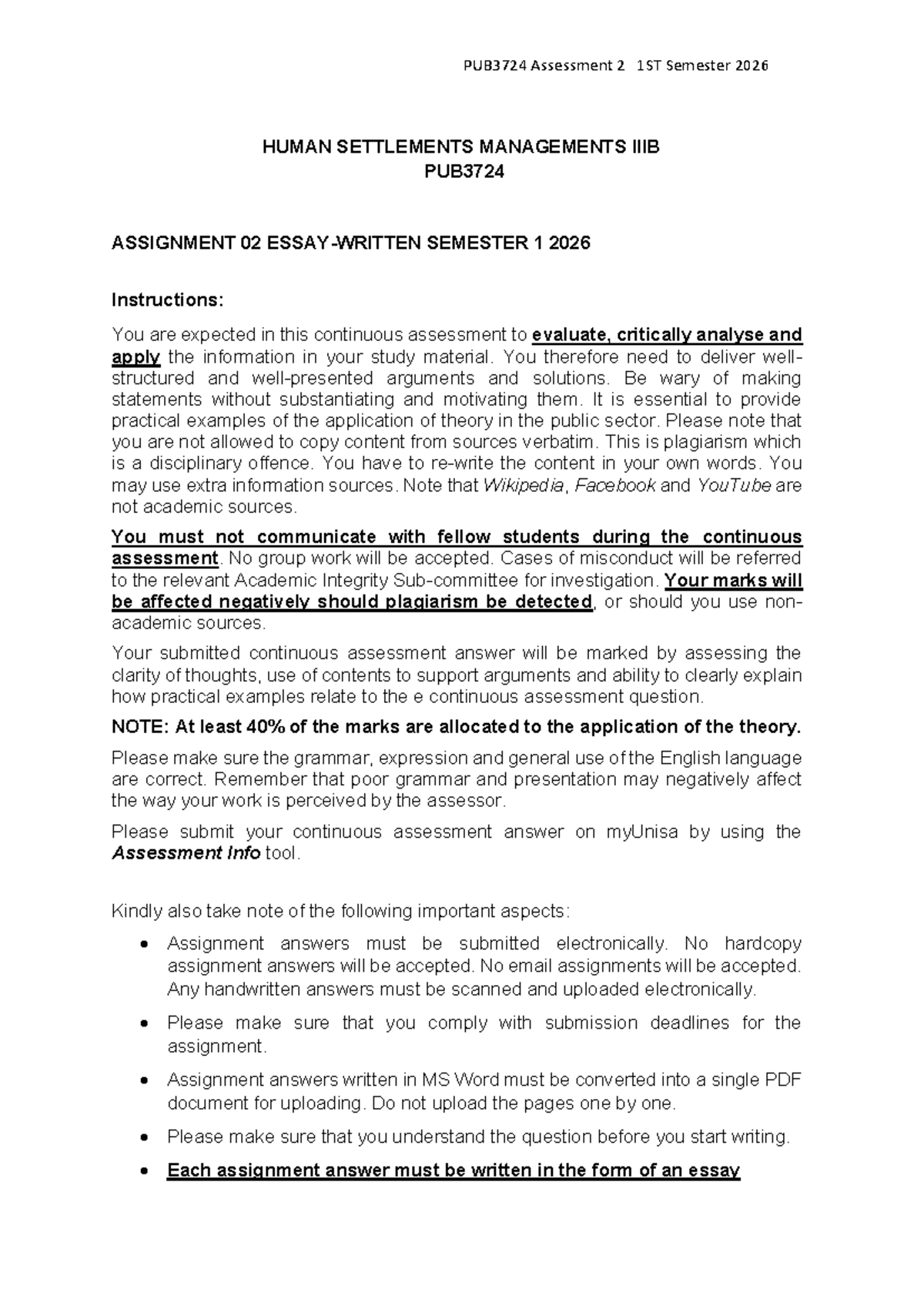 PUB3724 Assignment 02: Human Settlements Management Analysis - 1st Sem ...