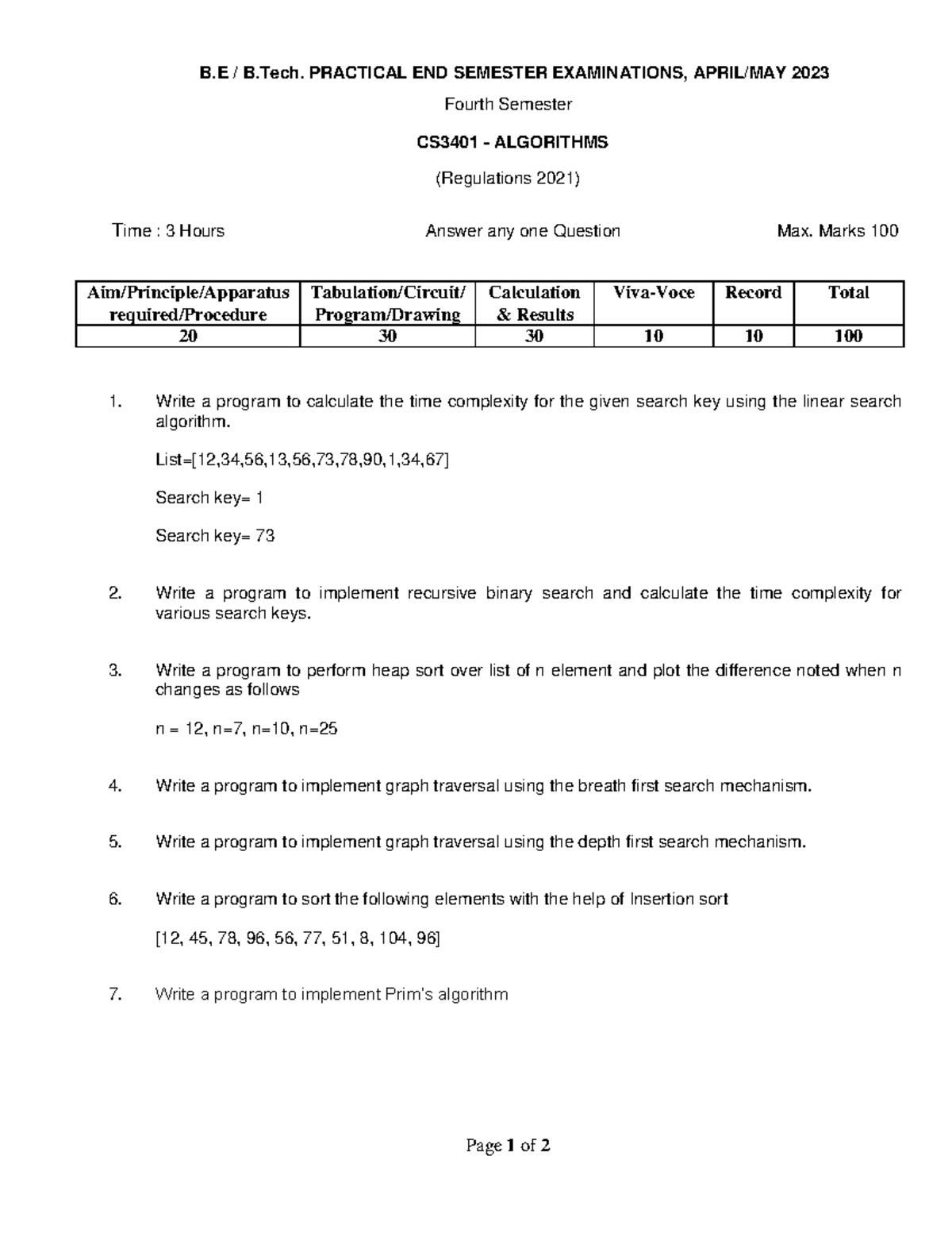 CS3401 SET3 - SET PAPER - Page 1 of 2 B / B. PRACTICAL END SEMESTER ...