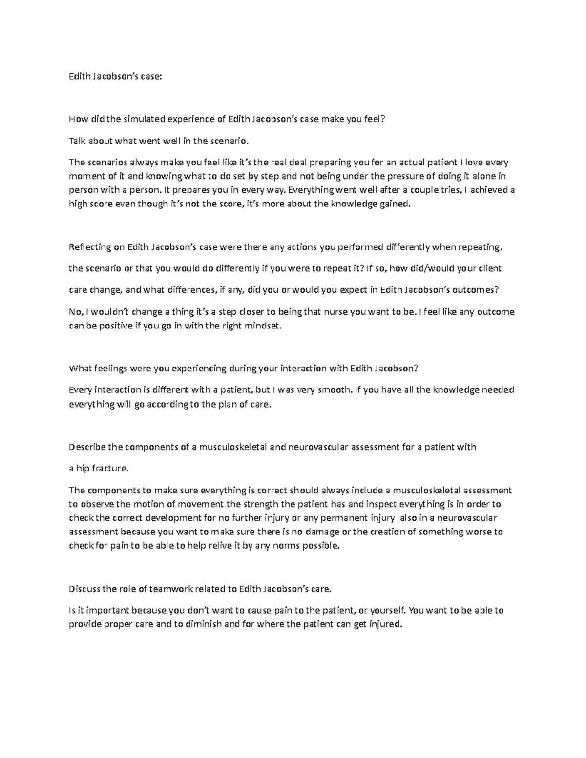 Edith Jacobson Case Study Reflection: Teamwork and Patient Care ...