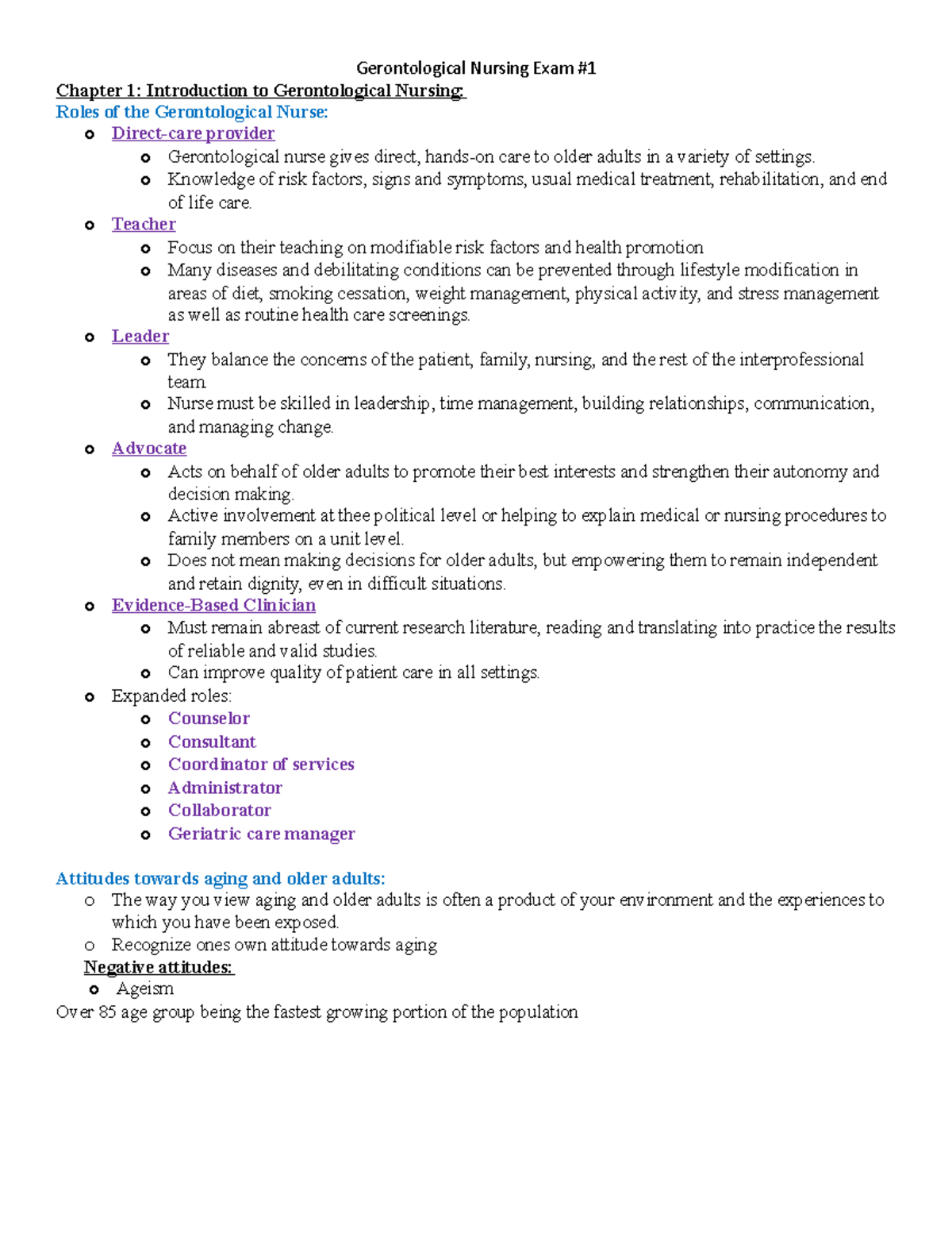 Gerontological Nursing Exam #1 Study Guide: Key Concepts & Theories ...