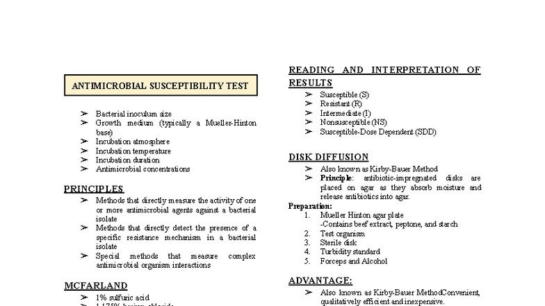 Bacteriology Lab: Antimicrobial Susceptibility Testing Methods - Studocu
