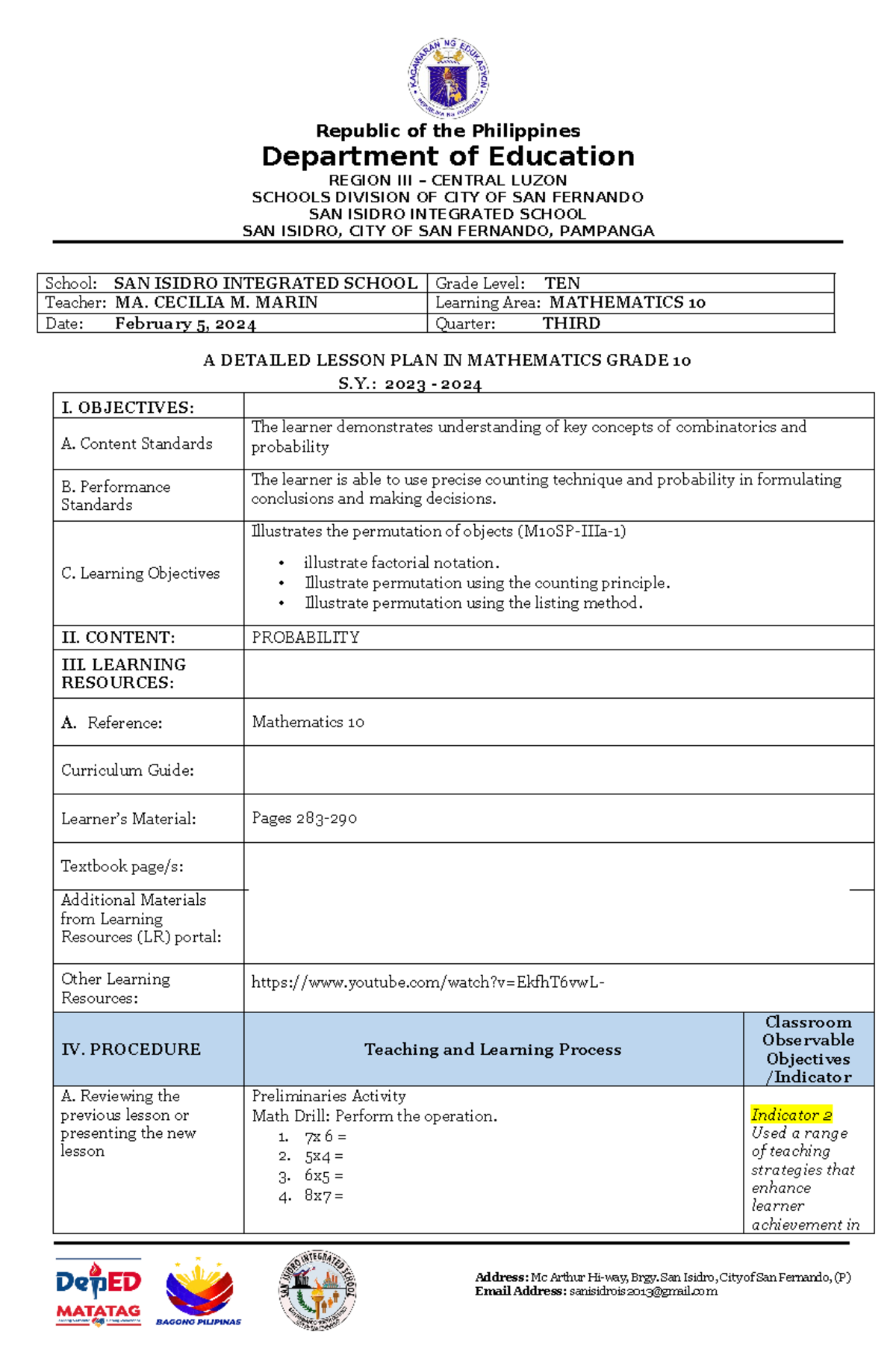 COT-3-MATH-10-Detailed-Lesson-Plan-2023-2024 - Studocu
