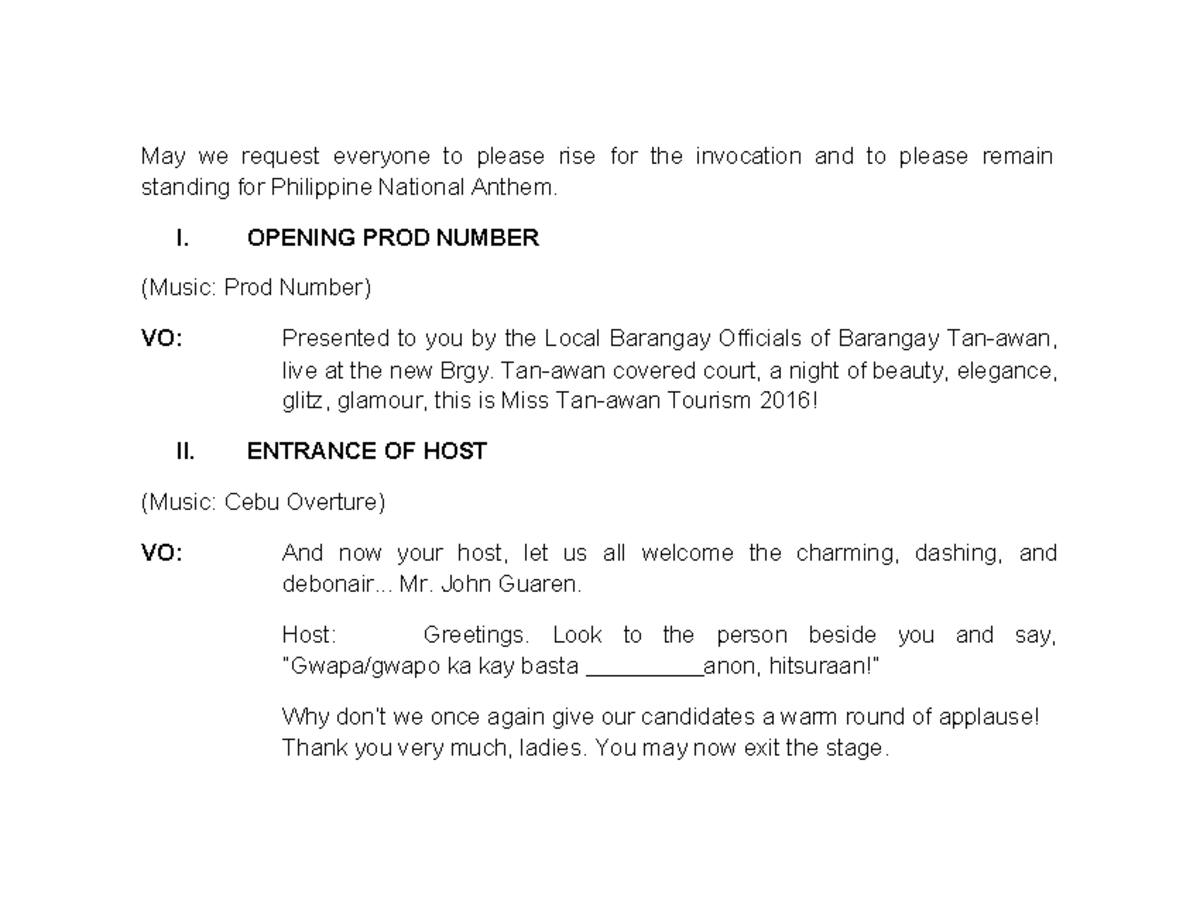 Pageant Script for Male Emcee: Miss Tan-awan Tourism 2016 Event - Studocu