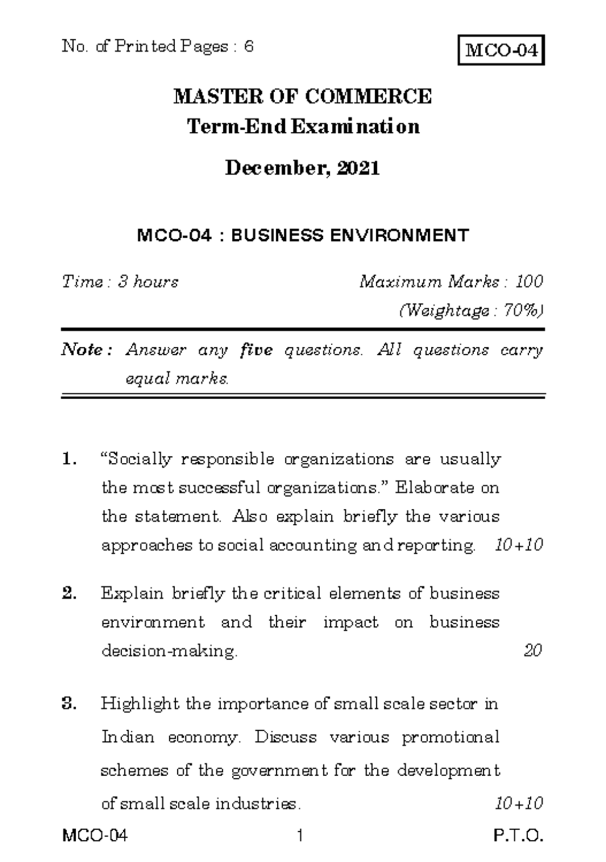 M.Com Exam Dec 2021: Business Environment Question Paper - Studocu
