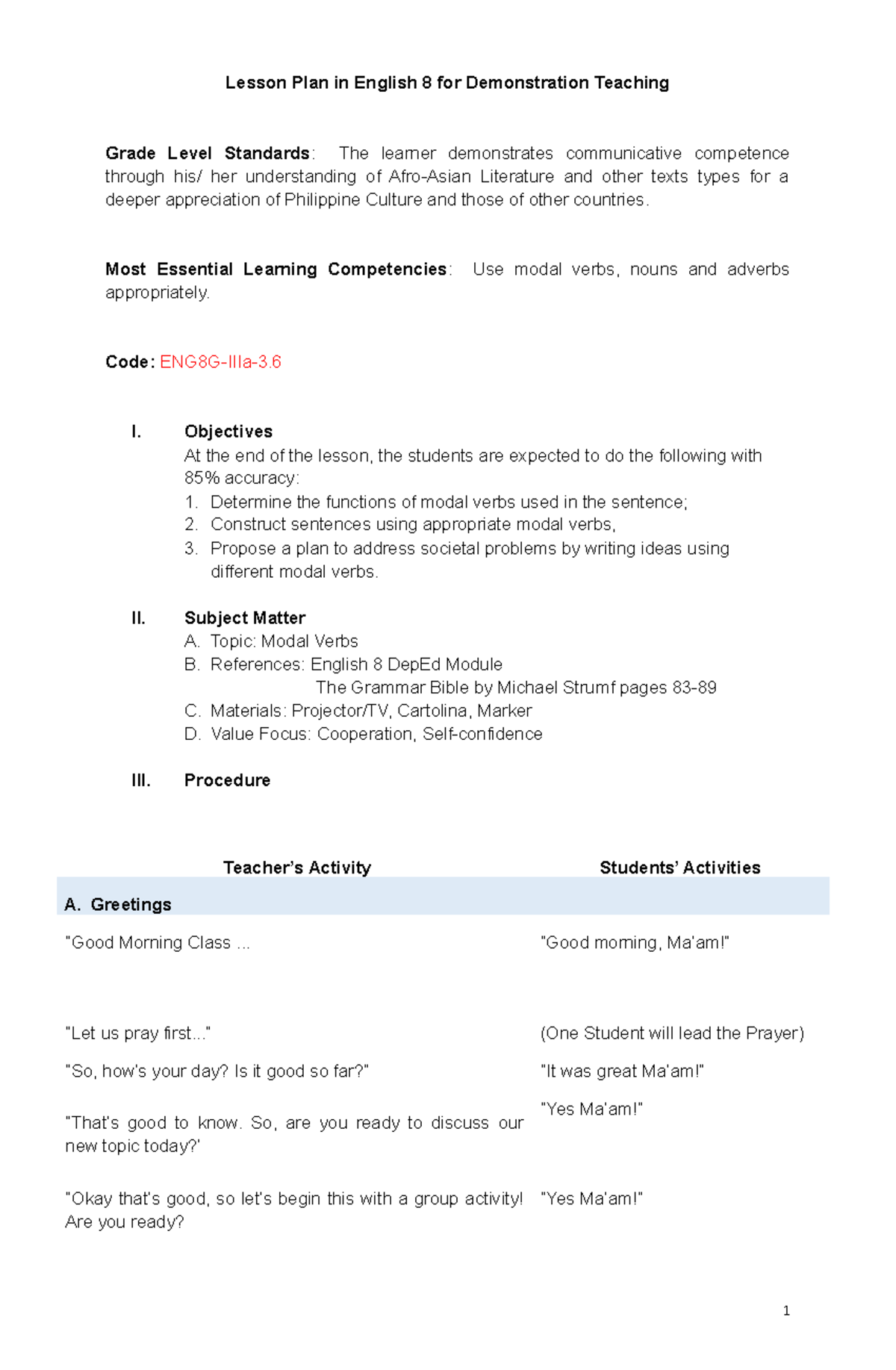 ENG8 Lesson Plan for Modal Verbs: Demonstration Teaching Guide - Studocu