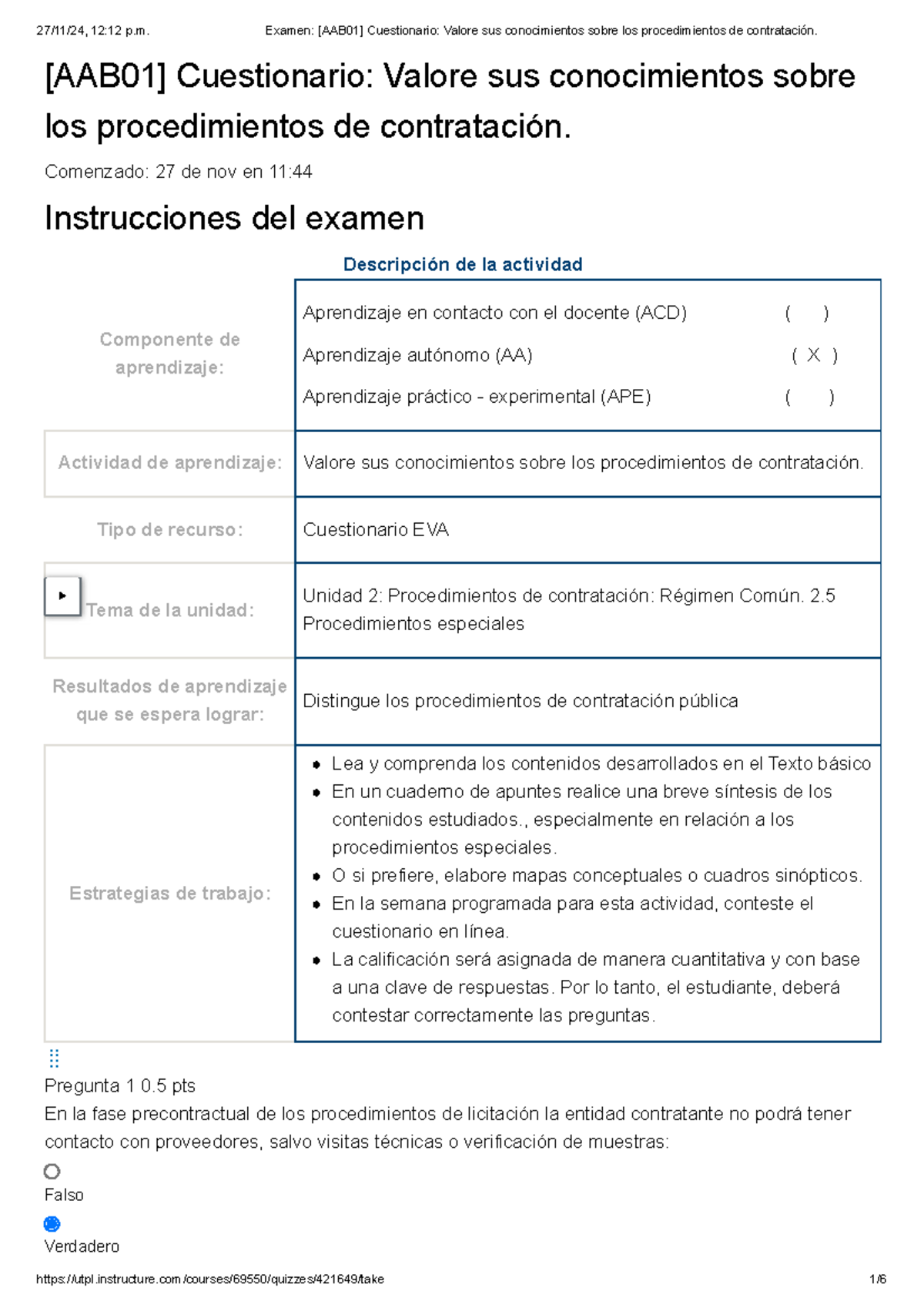 Examen [AAB01]: Cuestionario sobre Procedimientos de Contratación - Studocu
