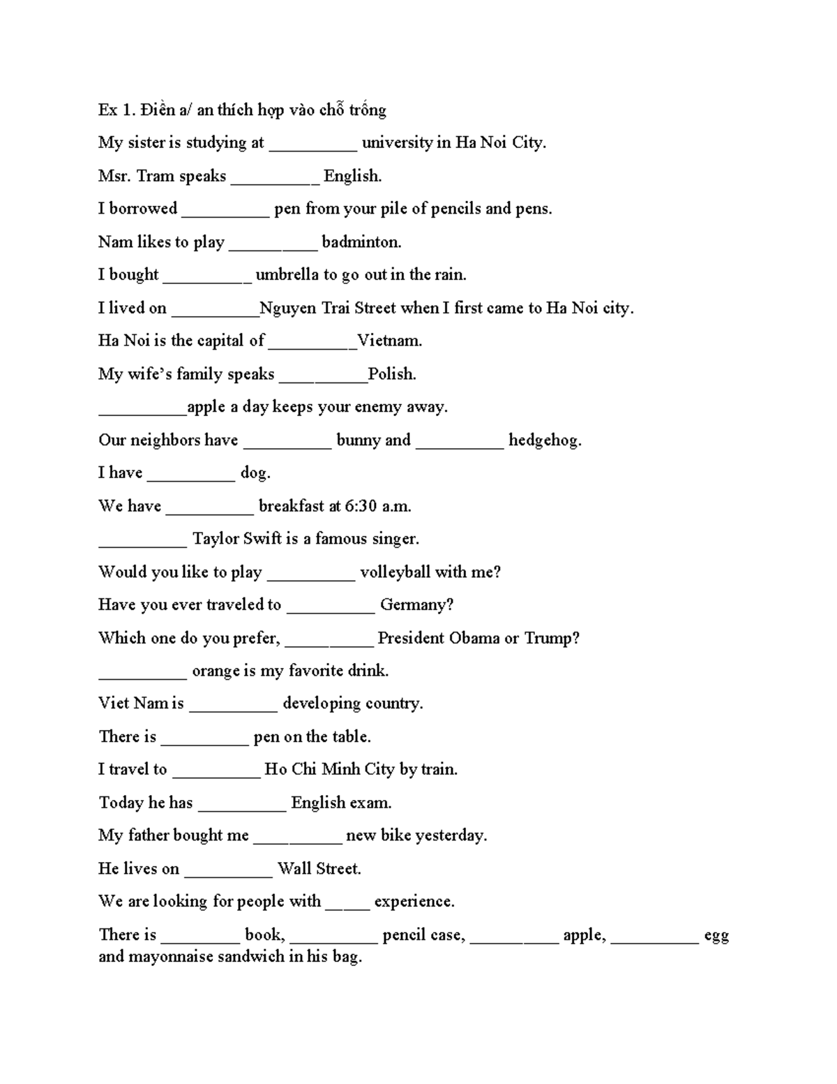 Grammar Exercise: A or An Usage in Sentences - Studocu