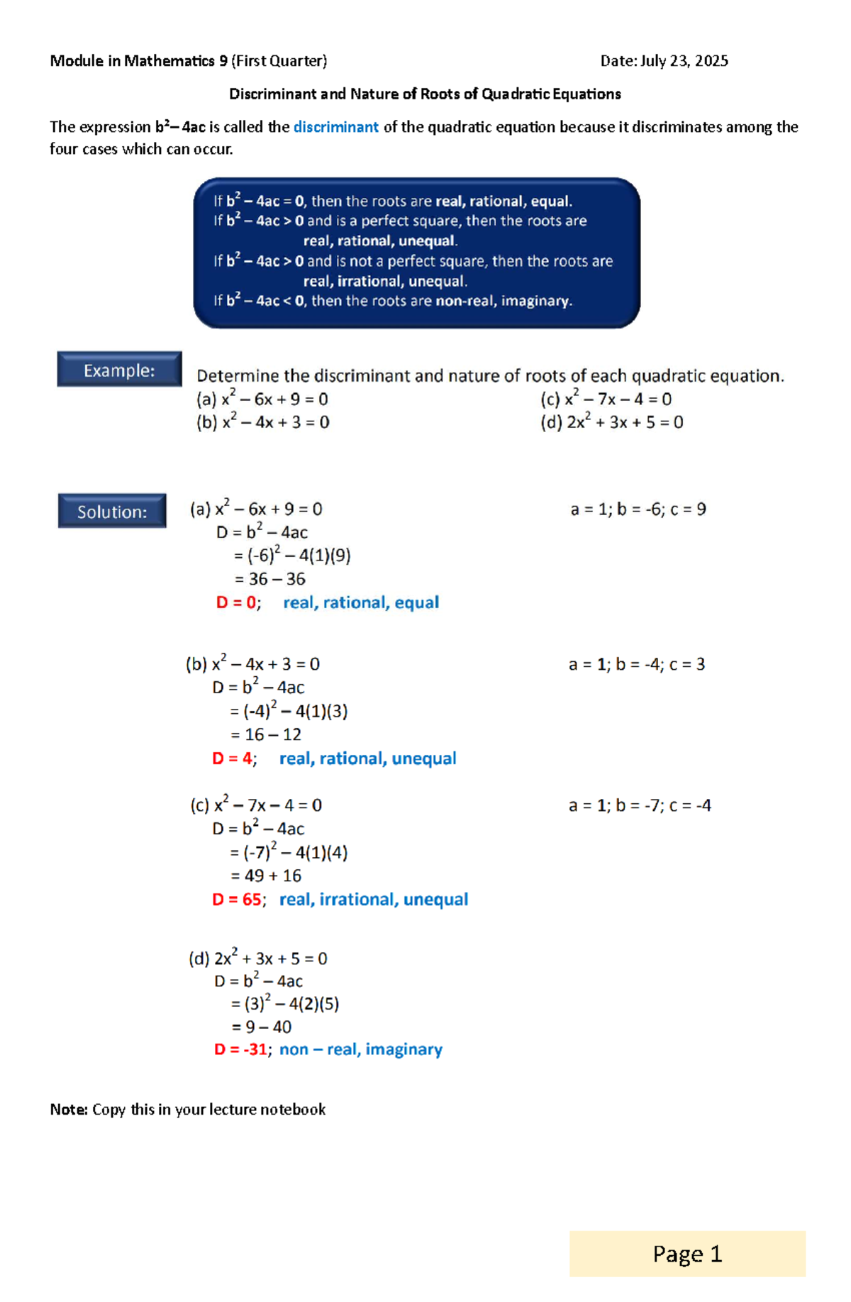 Mathematics 9 Module: Discriminant & Roots of Quadratic Equations - Studocu