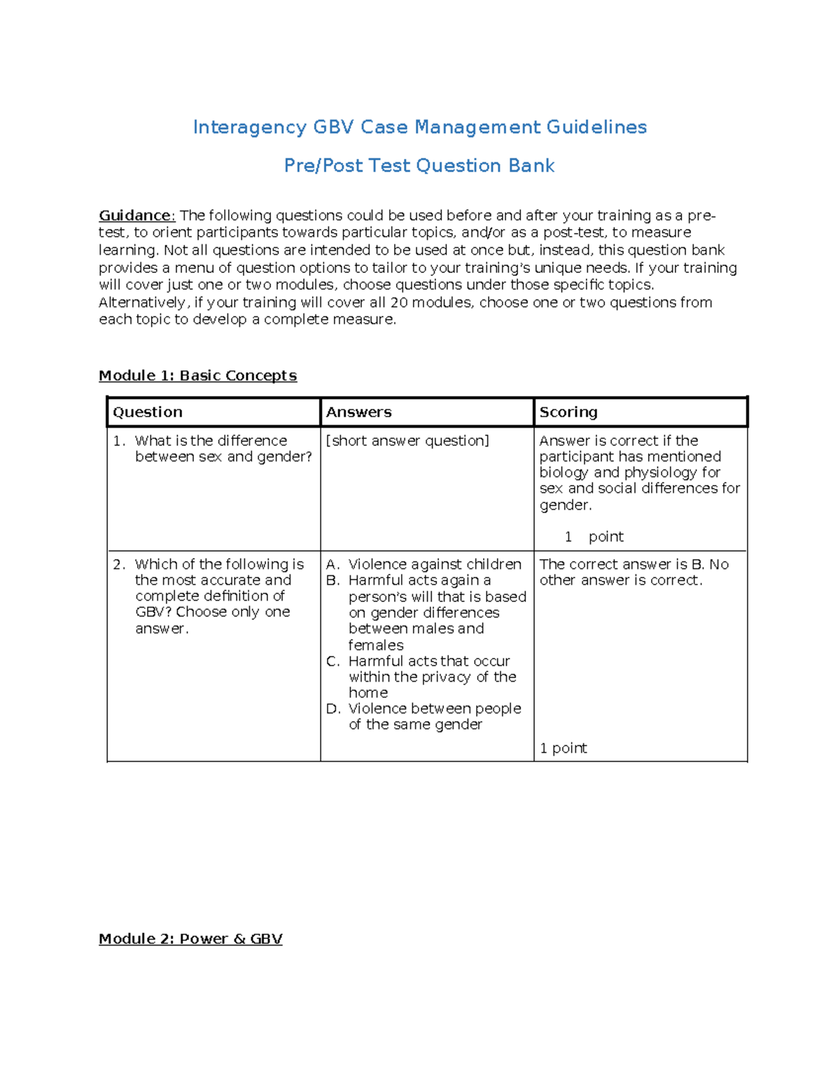 Interagency GBV Case Management Guidelines Pre/Post Test Q Bank - Final ...