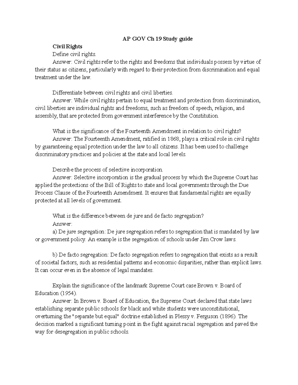 AP GOV Ch 19 Civil Rights Study Guide and Key Concepts - Studocu