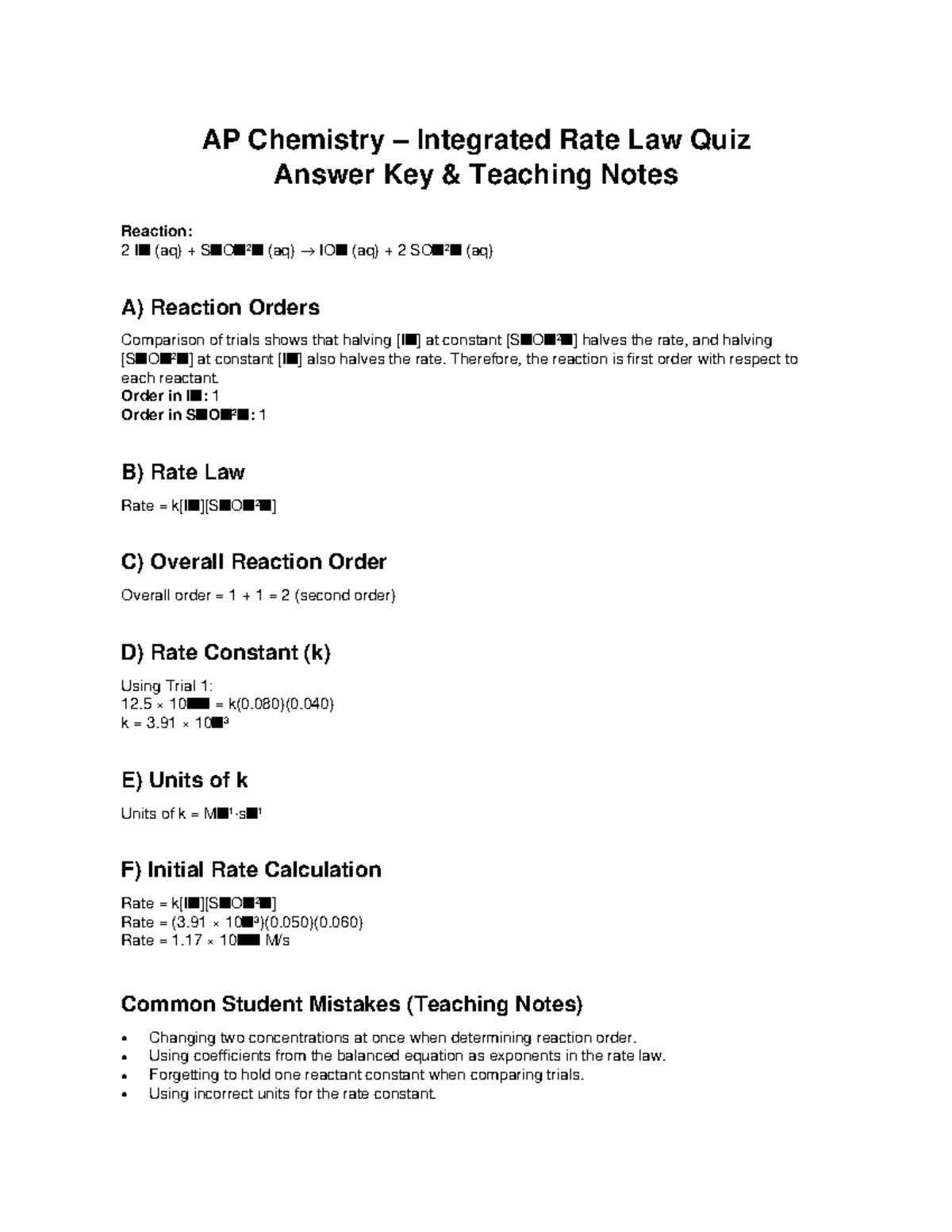 AP Chem Kinetics Quiz Answer Key: Integrated Rate Law Insights - Studocu