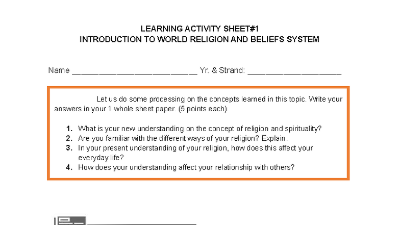 Learning Activity Sheet: Intro to World Religion & Belief Systems - Studocu