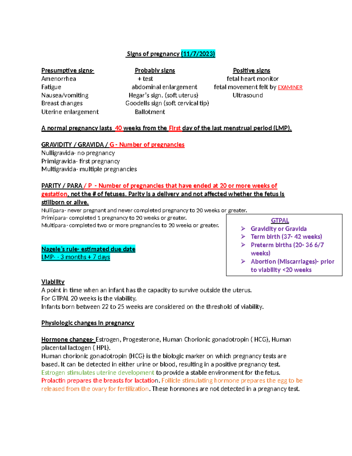 OB Notes 2 - Signs of Pregnancy, GTPAL, and Hormonal Changes - Studocu