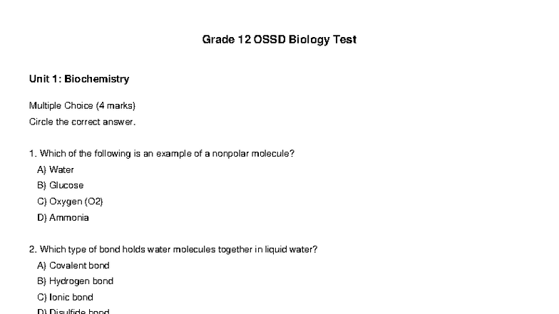 Grade 12 OSSD Biology Test Unit 1: Biochemistry MCQ & Short Answer ...