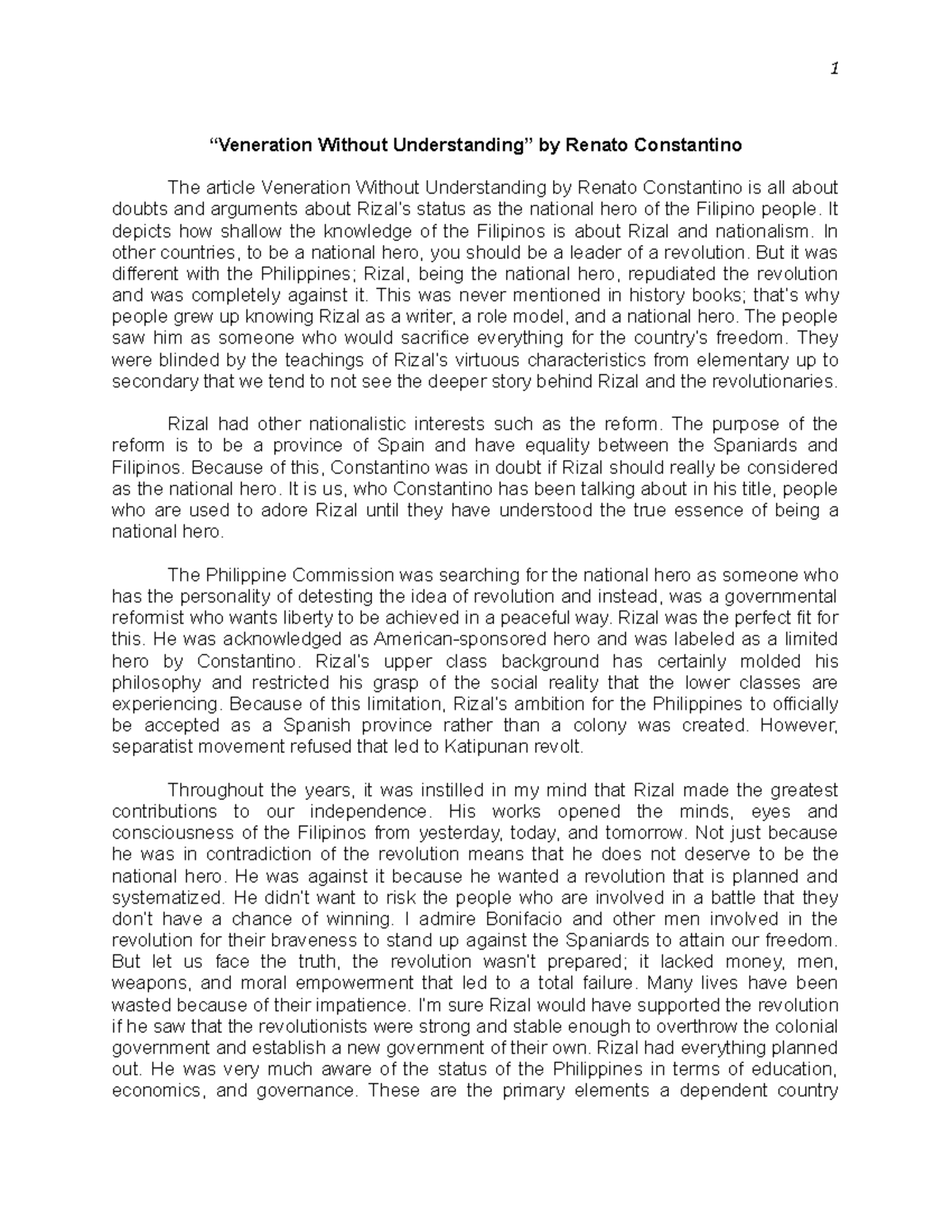 Veneration Without Understanding by Renato Constantino - The Life and ...