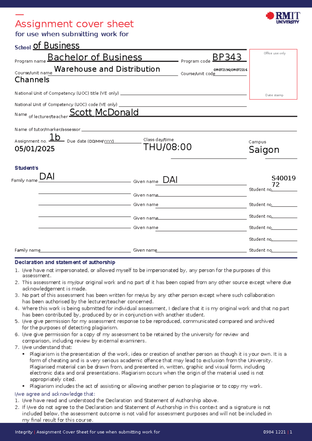 Assignment 1b Cover Sheet for OMGT2196/OMGT2316 - Studocu