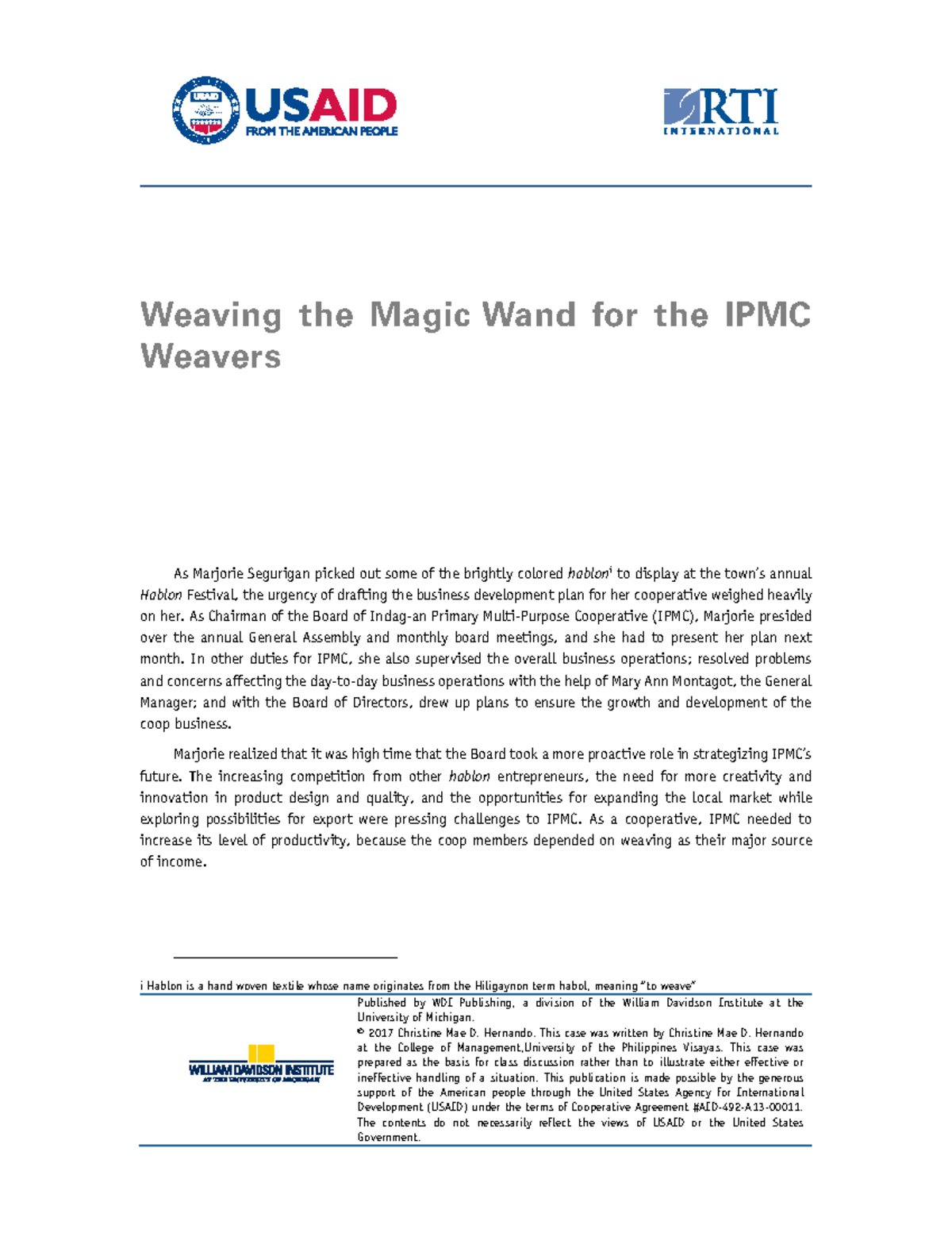 Final Case Study on IPMC Weavers: Weaving the Magic of Hablon - Studocu