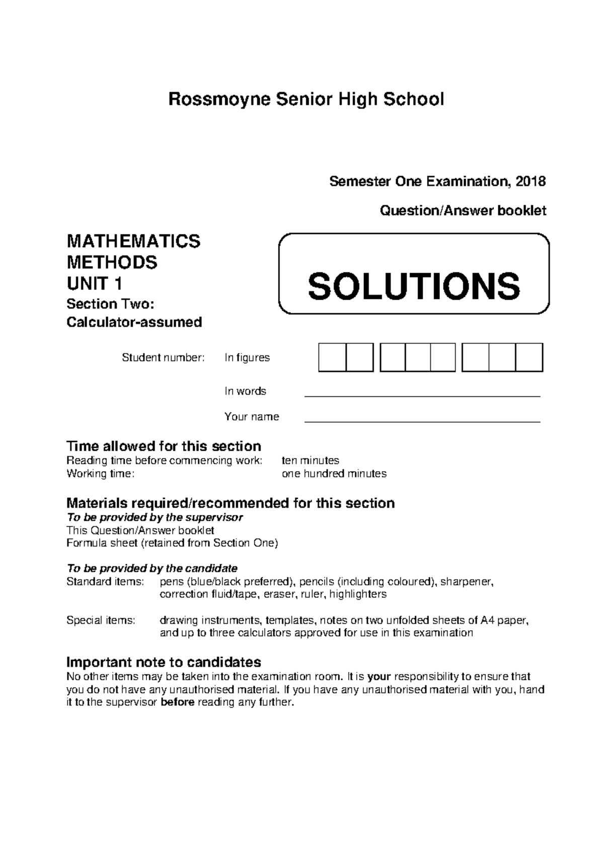 WAEP 2018 YR11 METH U1 S2 Exam Solutions - Studocu