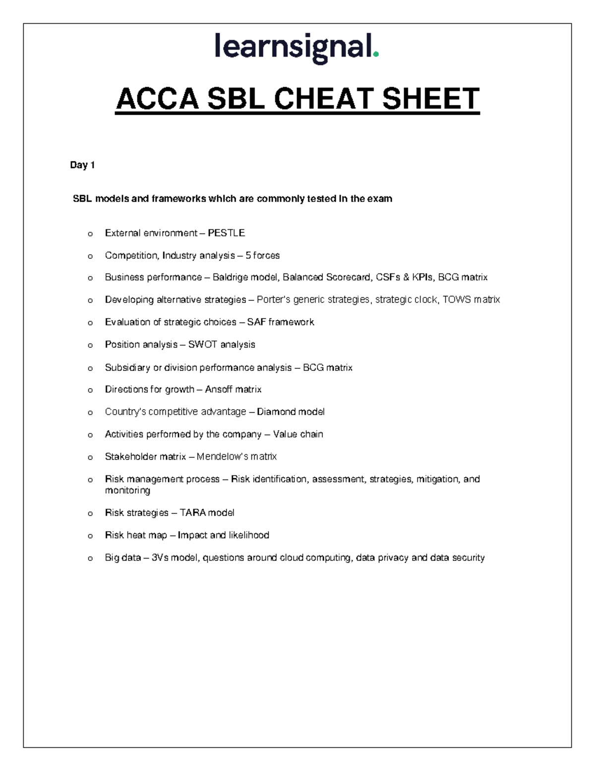 ACCA SBL Cheat Sheet: Key Tips and Strategies to Pass the Exam - Studocu