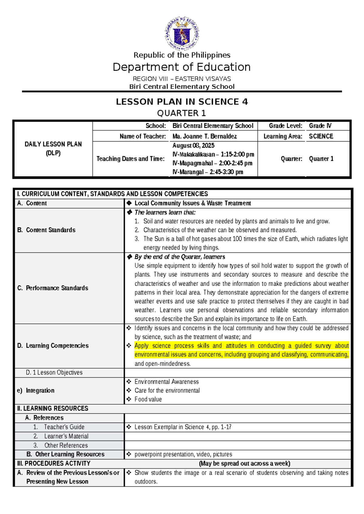 Lesson Plan in Science 4 (Quarter 1) - Environmental Awareness ...