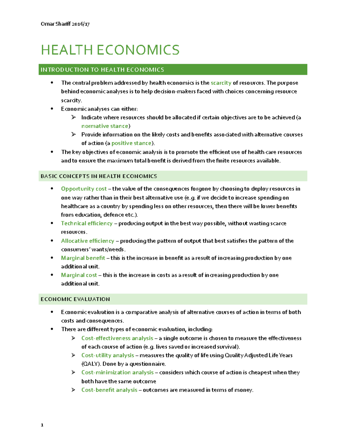 Health Economics - summary notes - HEALTH ECONOMICS IN TR OD UC TI ON T ...