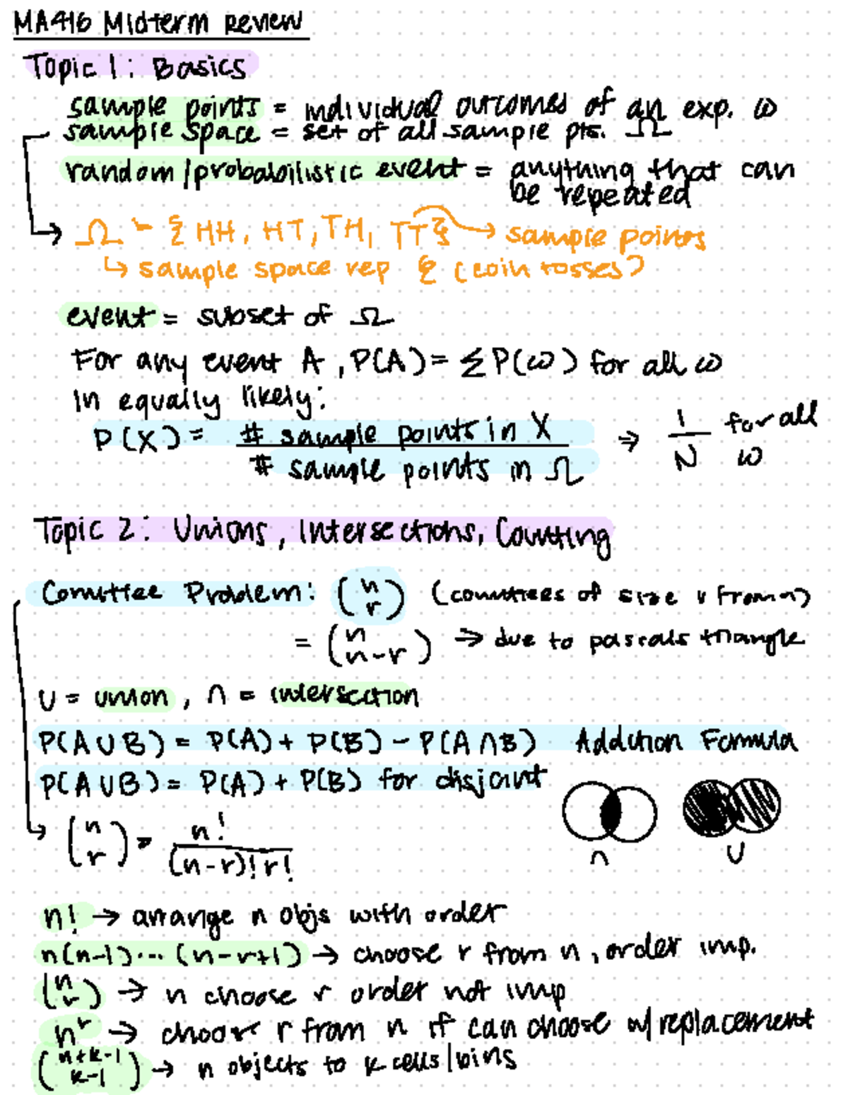 MA416-1-5 - Notes on probability - MA 416 Midterm Review To p i c 1 ...