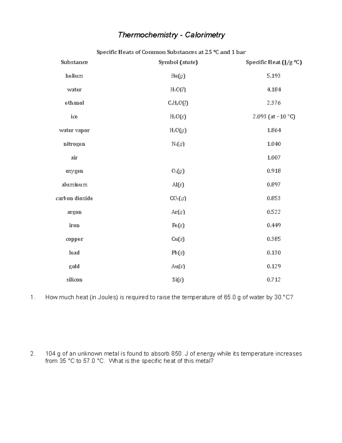 1806 Thermochemistry - Calorimetry Heat Calculations and Specific Heat ...