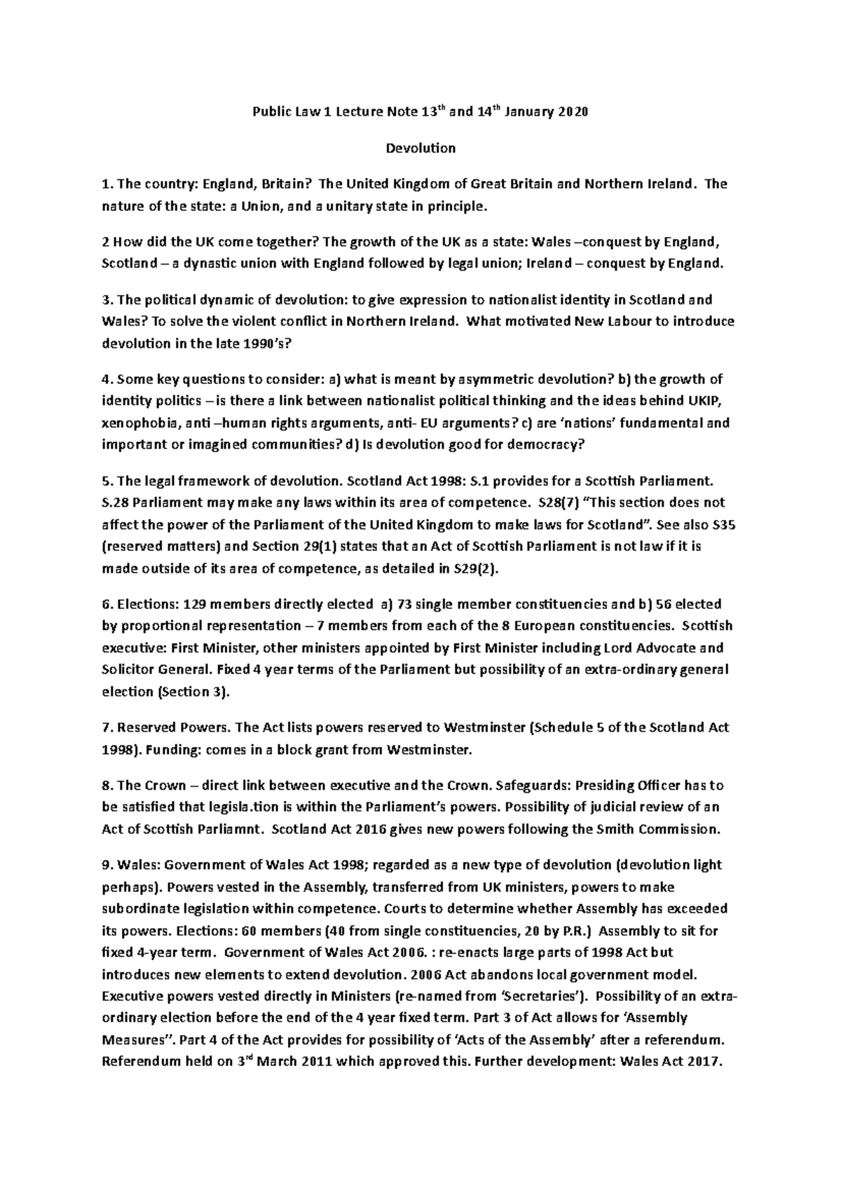 Public Law 1 Lecture Note Devolution 13th And 14th January 2020 Public Law 1 Lecture Note 13th